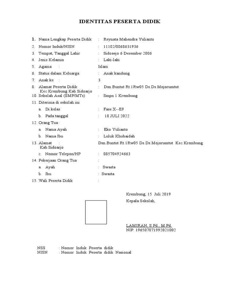Identitas Peserta Didik Reynata Yulianto | PDF