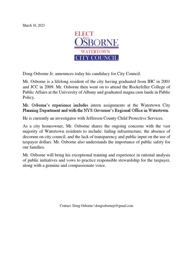 Doug Osborne Jr. Announces Candidacy For City Council | PDF