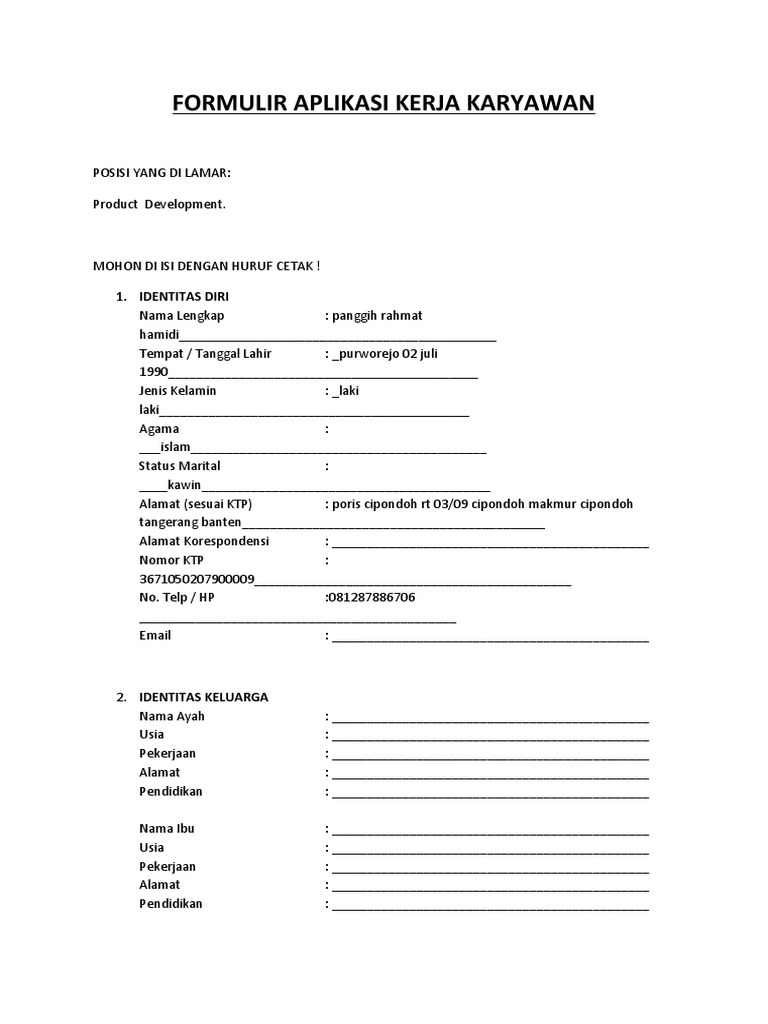 Formulir Aplikasi Kerja Karyawan | PDF
