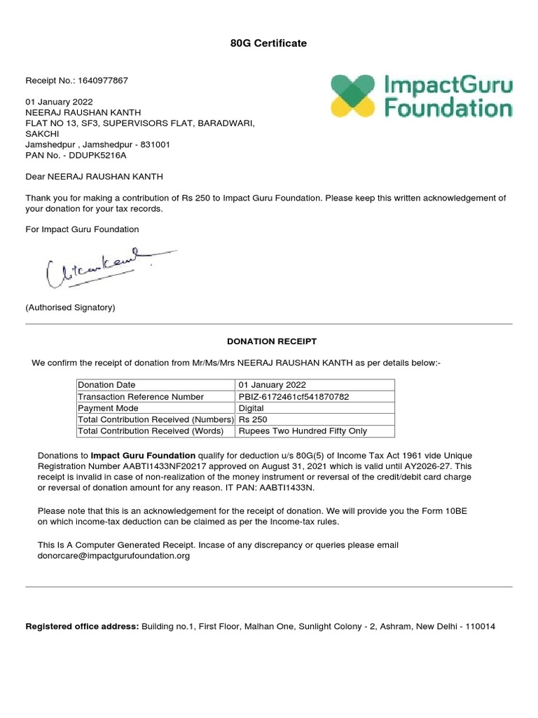 80G Certificate: Donation Receipt | PDF | Receipt | Income Tax