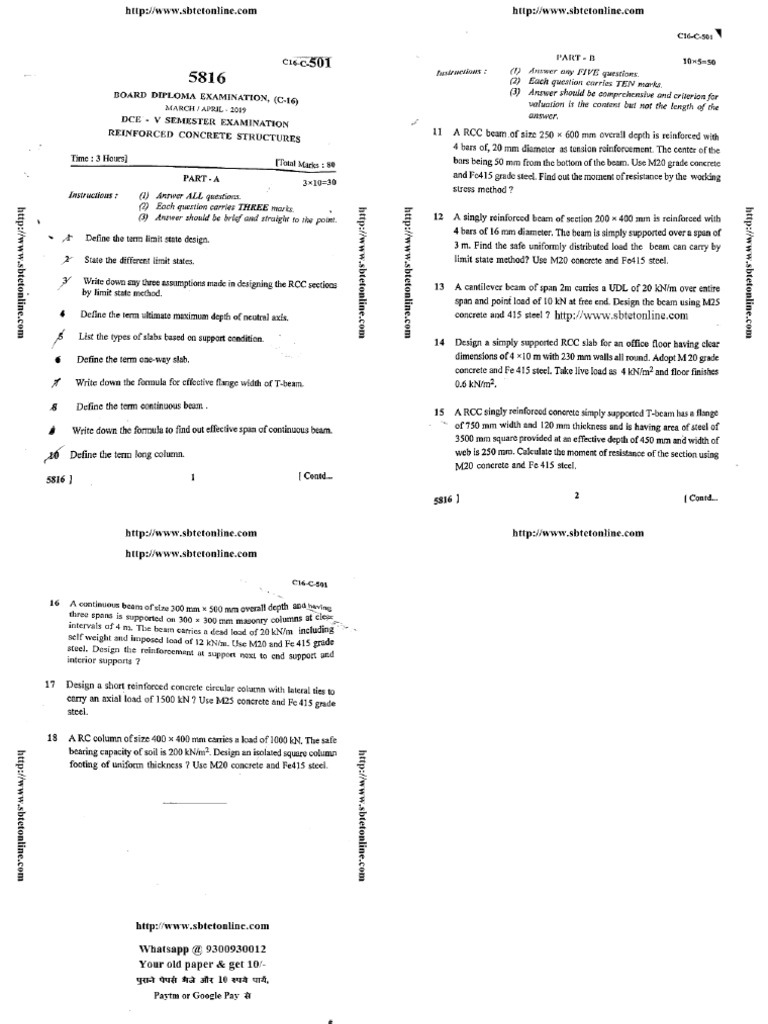 Civil 5 Sem Reinforced Concrete Structures c16 Apr 2019 PDF | PDF