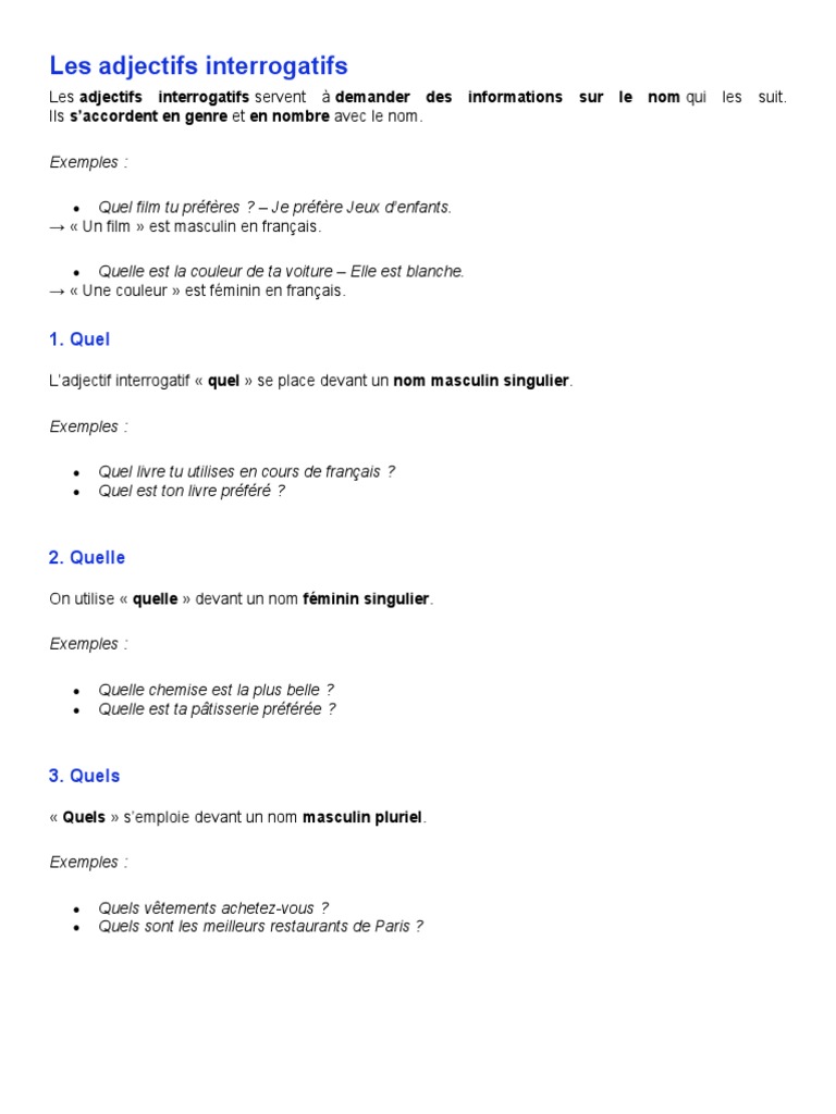 Les Adjectifs Interrogatifs | PDF | Genre grammatical | Nombre grammatical