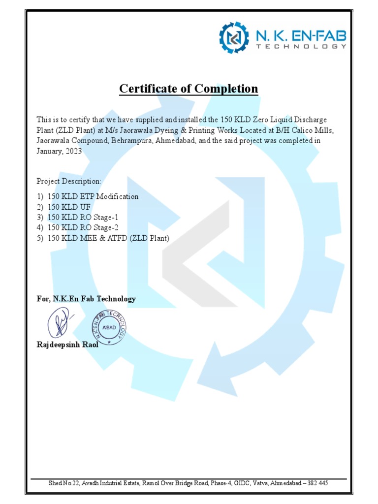 Completion of 150 KLD ZLD Plant | PDF | Technology & Engineering