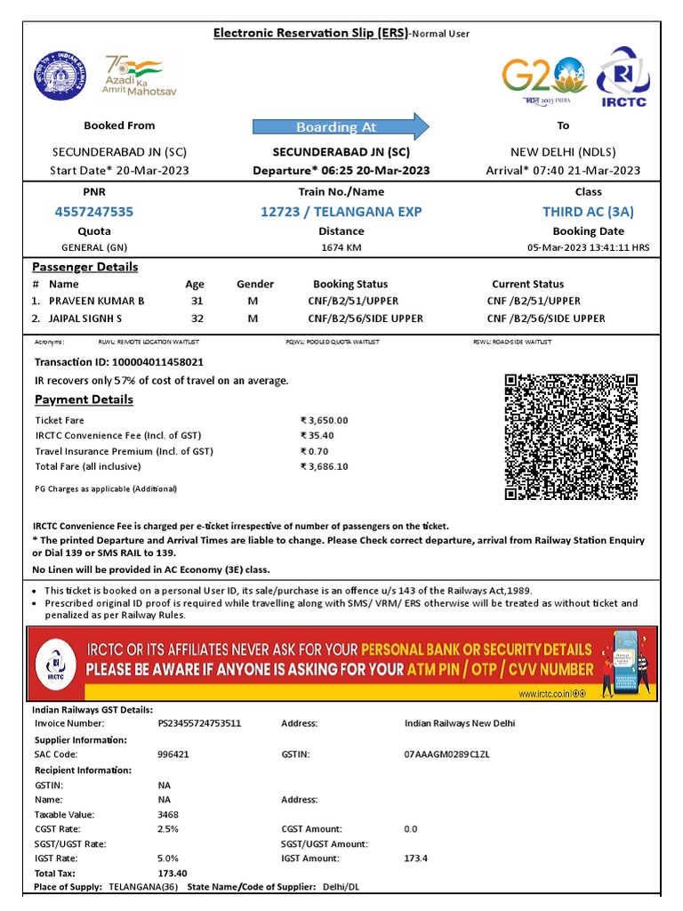 Booking Confirmation for Travel from Secunderabad to New Delhi on ...