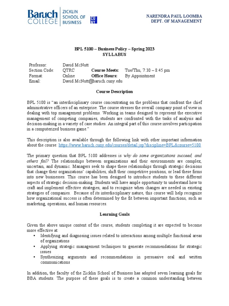 Spring 2023 Online Syllabus | PDF | Academic Integrity | Strategic Management