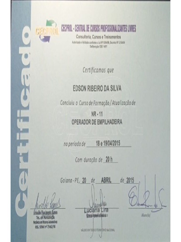 Certificado Operador de Empilhadeira | PDF