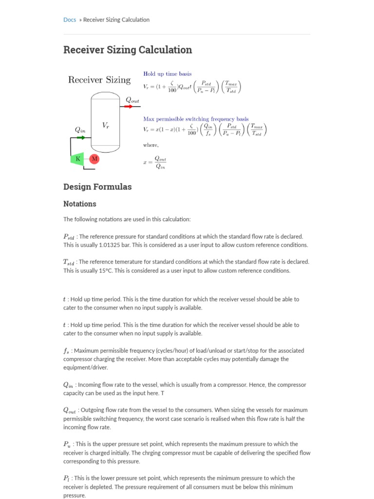Receiver Sizing Calculation - Codecalculation - Com 1 Documentation. | PDF | Gases | Continuum ...