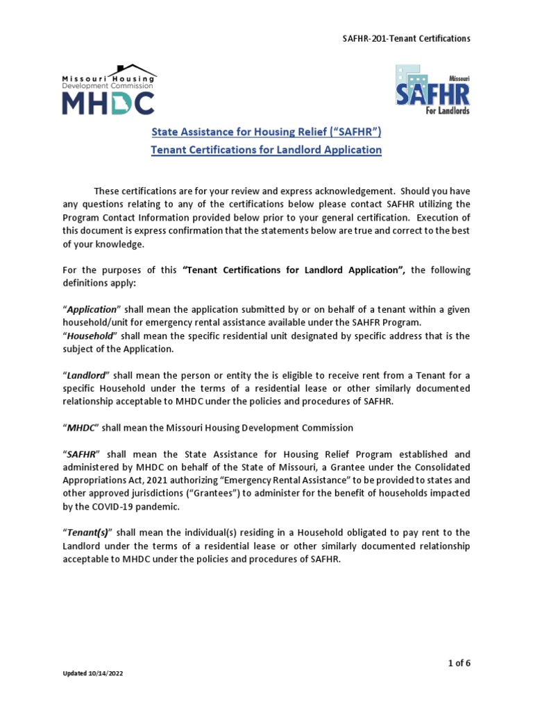 SAFHR Landlord Application - Tenant Certifications PDF | PDF | Eviction ...