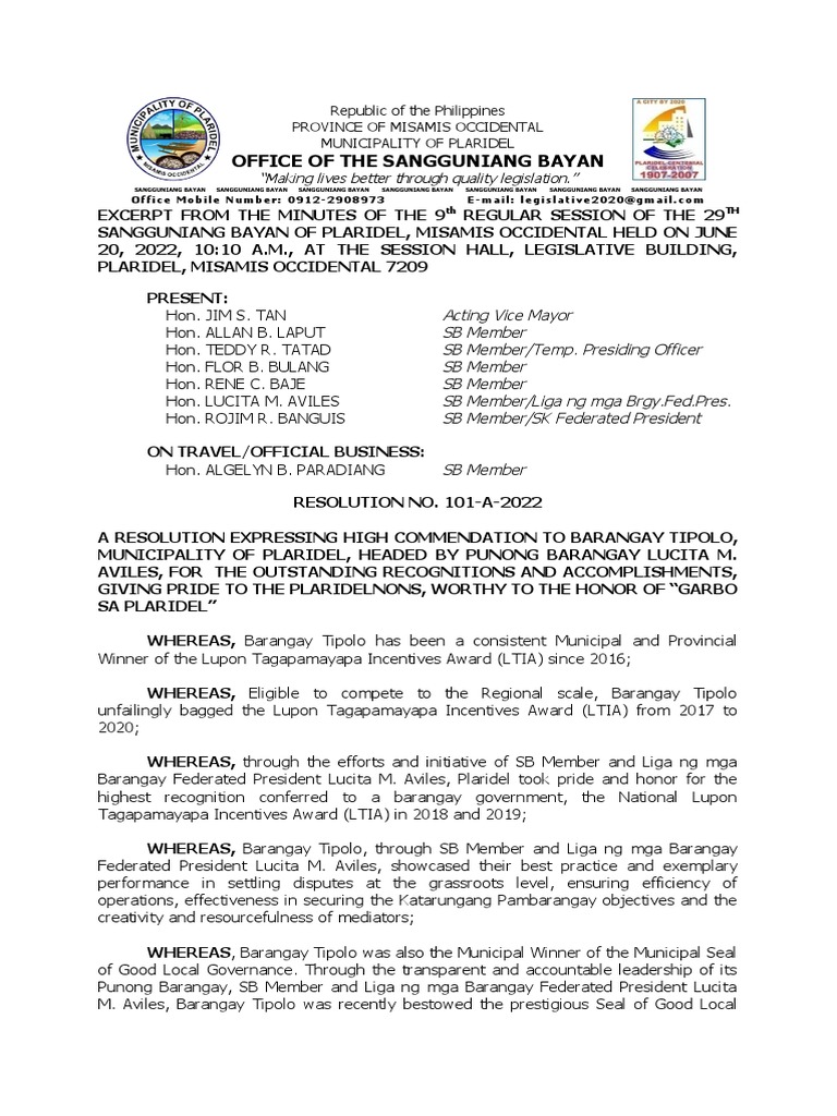 Reso No. 101-A-2022 Commendation For Barangay Tipolo | PDF | Governance | Philippines