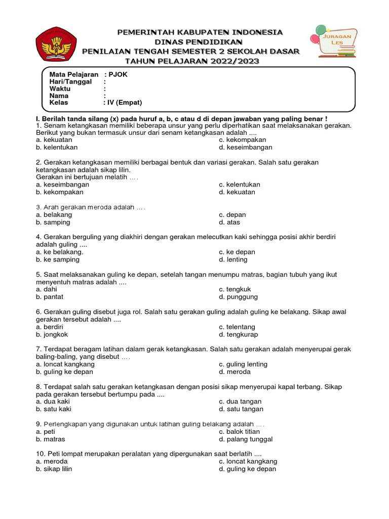 Soal PTS PJOK Kelas 4 Semester 2 T.A 2022-2023 | PDF