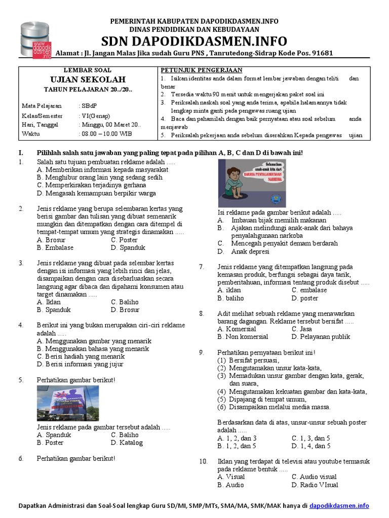 Soal US Kelas 6 SBDP Dapodikdasmen - Info | PDF