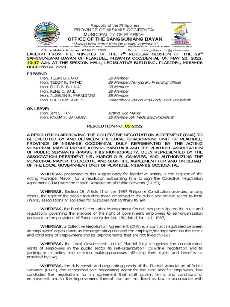 Draft Resolution No. 82 - Approving Cna and Authorizing Mayor To Sign ...