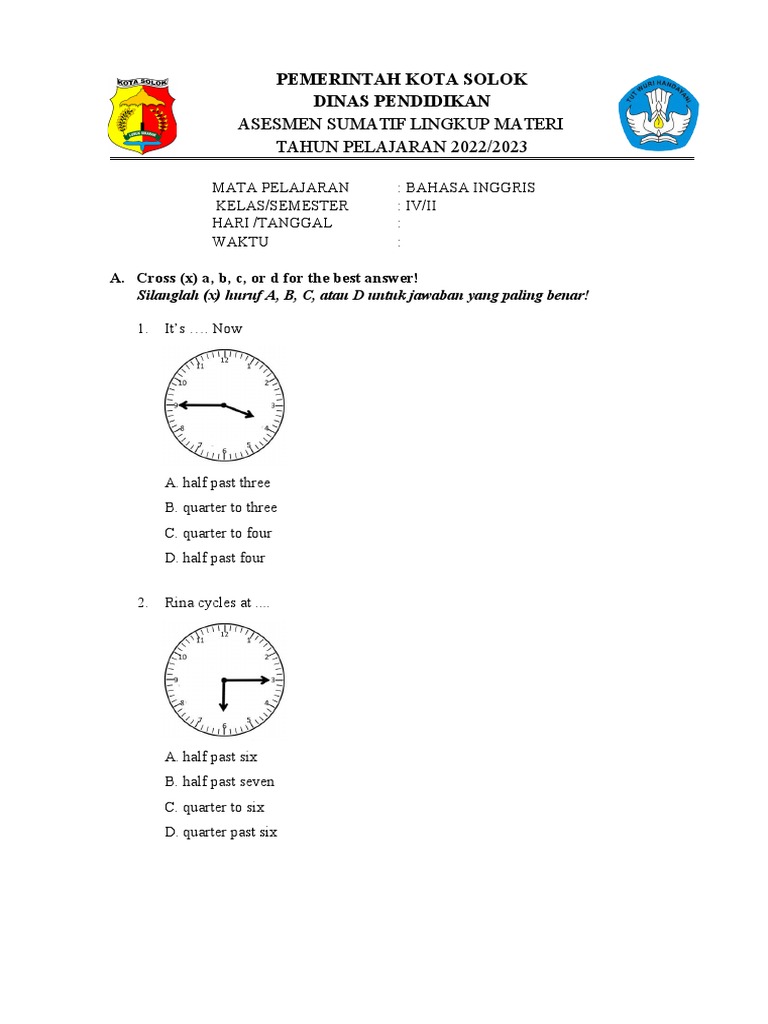 Summative Assessment of Time Expressions and Daily Routines for 4th Semester English Language ...