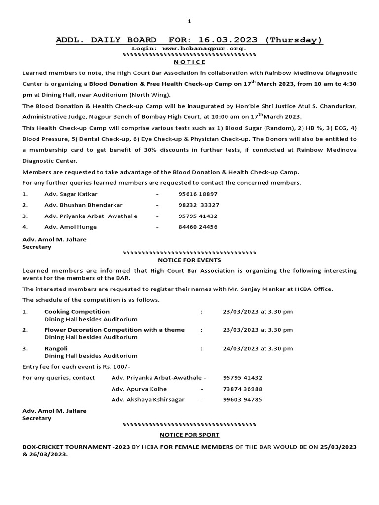 54 - Addl. - Daily - Board - Dtd. - 16.03.2023. Daily Board Dtd. 16.03.2023 | PDF | Blood ...