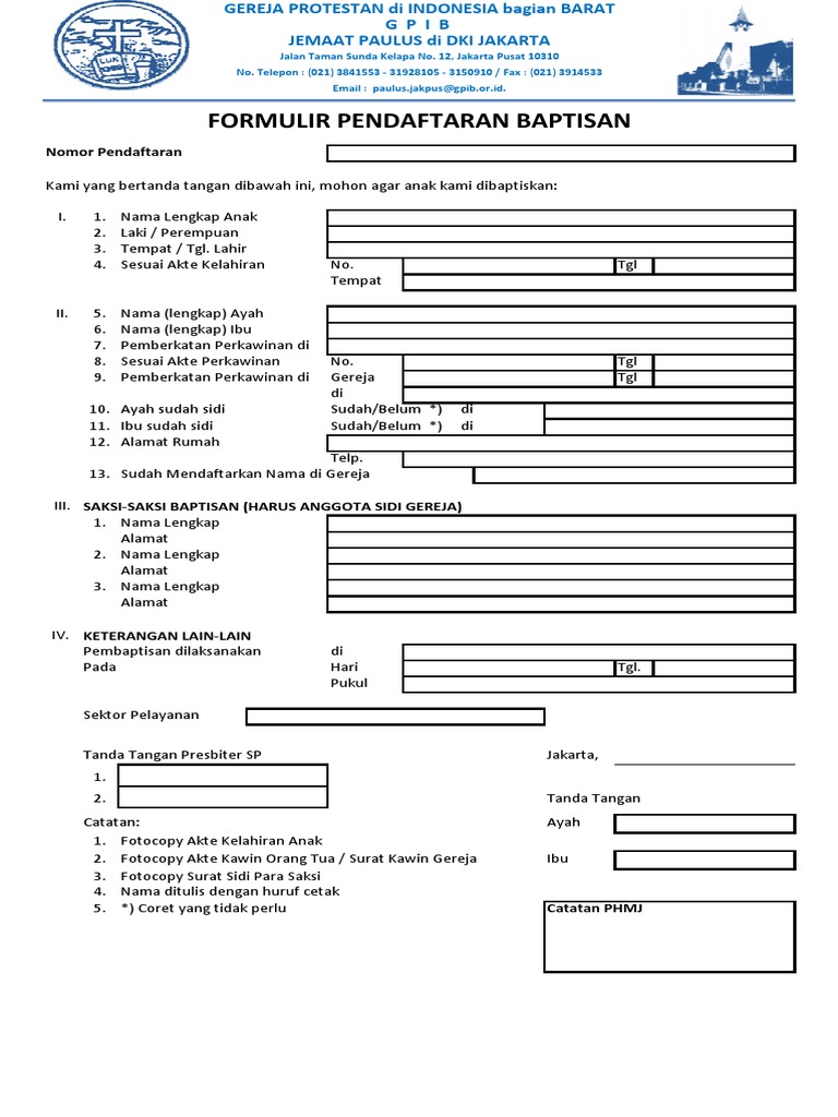 Formulir Pendaftaran Baptisan Gpib Paulus | PDF