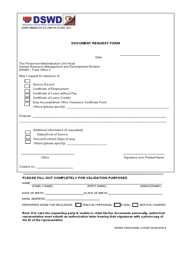 Document Request Form: DSWD-HRMDS-GF-015 - REV 00 /28 DEC 2021 | PDF
