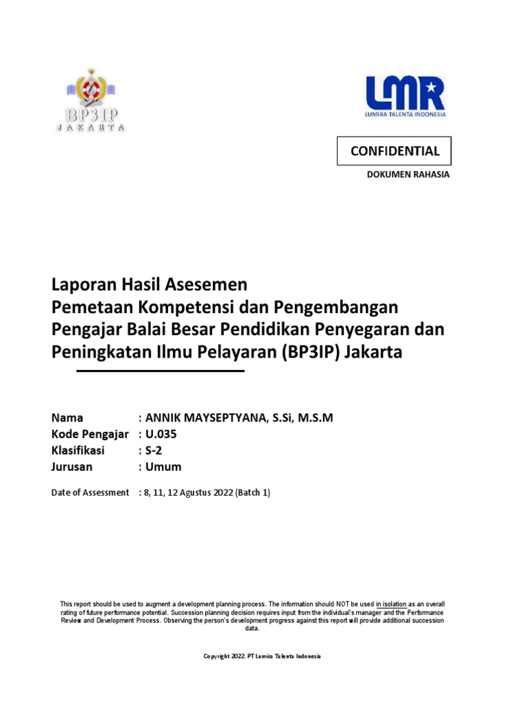Laporan Asesemen Psikologi Pengajar BP3IP - ANNIK MAYSEPTYANA, S.Si, M.S. - PT LMR - 29092022 ...