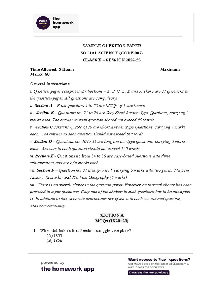 Sample Question Paper Social Science (Code 087) Class X - Session 2022 ...