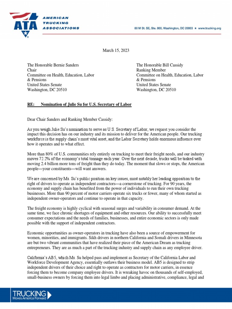 ATA Letter On Su Nomination | PDF | Employment | Economies