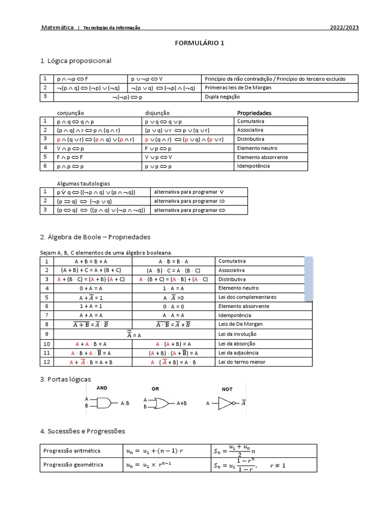 Formulario 1 | PDF | Álgebra booleana | Ensino de Matemática