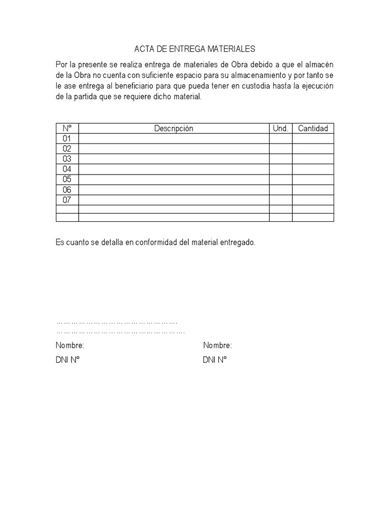 Acta de Entrega Materiales | PDF