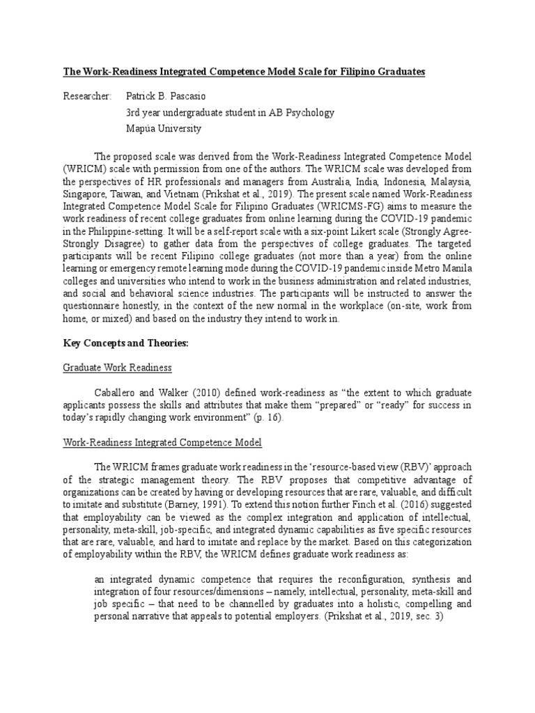 Work-Readiness Integrated Competence Model Scale For Filipino Graduates ...