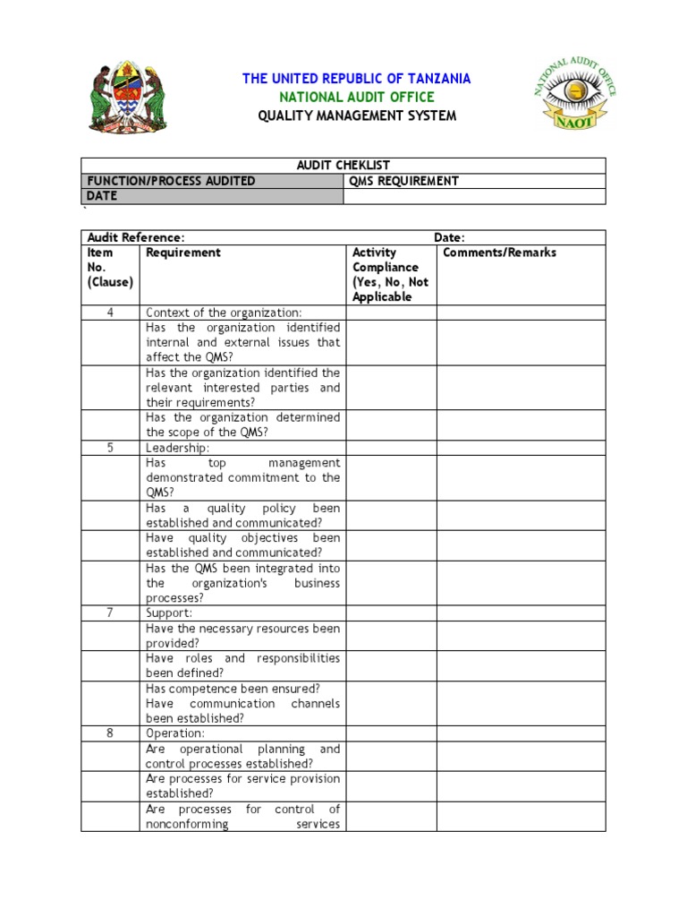 QMS Audit Checklist for Tanzania | PDF | Quality Management System | Audit