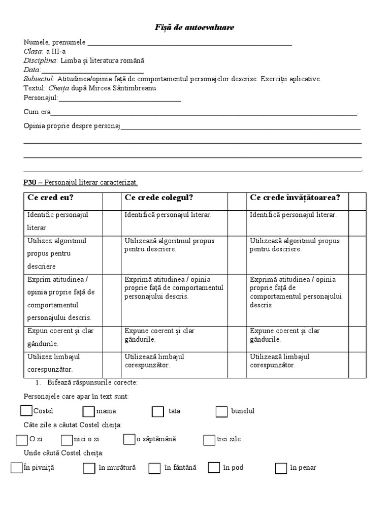 Fisa de Autoevaluare Si Caracterizare A Personajului | PDF