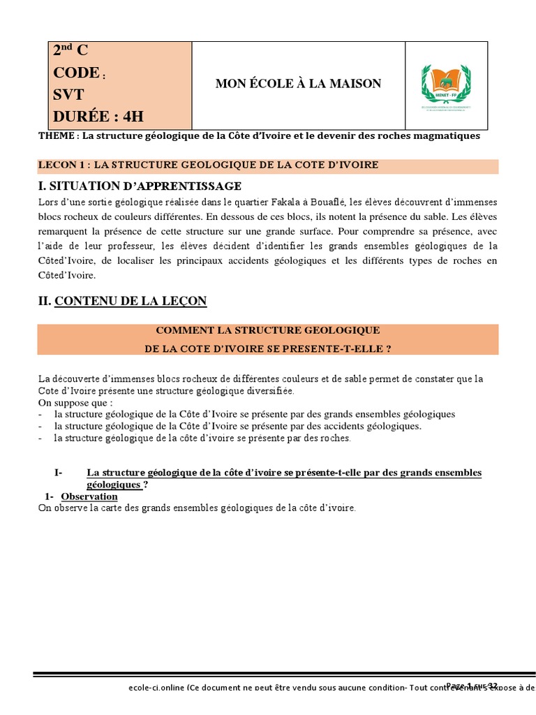 SVT 2nd C - L1 - La Structure Géologique de La Cote Divoire. | PDF ...