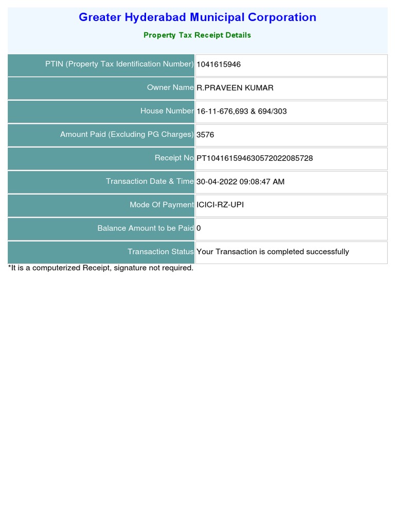 Greater Hyderabad Municipal Corporation: PTIN (Property Tax ...
