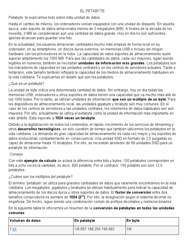 Qué es un petabyte y su equivalencia | PDF | Byte | Memoria USB