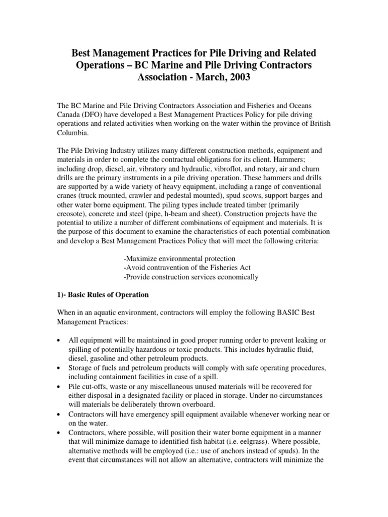 Best Management Practices From DFO For Pile Driving | PDF | Deep ...