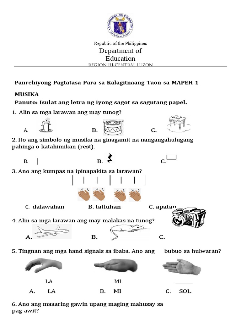 Mapeh 1 Mya Assessment Tool | PDF