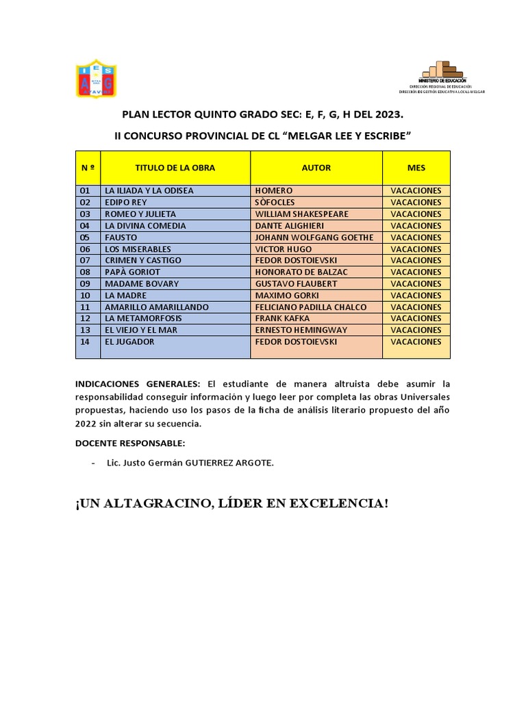 Plan Lector Quinto Grado 2023 | PDF