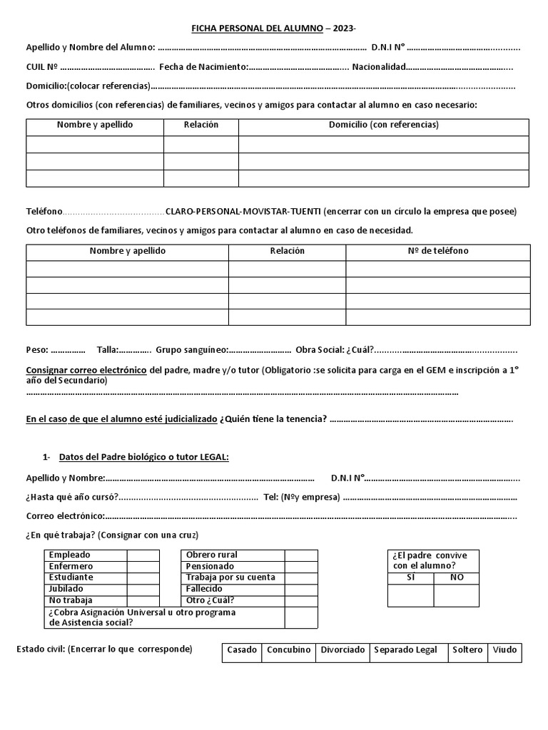 Ficha Personal Alumno 2023 | PDF | Crecimiento personal y profesional ...