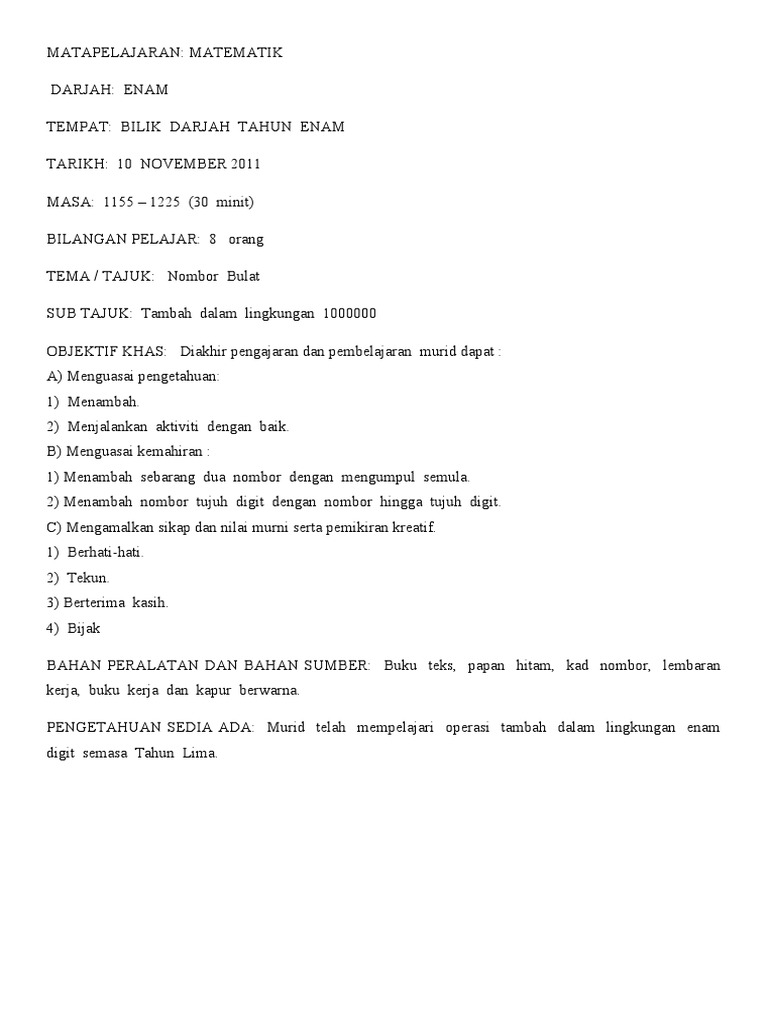 Contoh RPH Maths THN 6 | PDF
