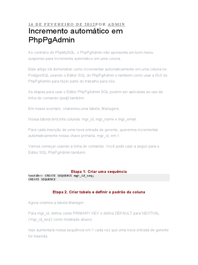 Postgres - Autoincremento No PHPPGADMIN - WEB | PDF | SQL | Tabela (banco de dados)