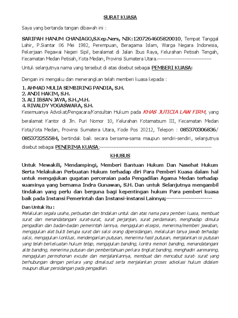 Surat Kuasa Saripah Hanum Chaniago | PDF