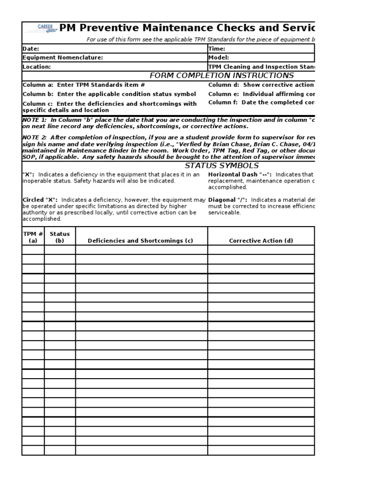 TPM Preventive Maintenance Checks and Services Worksheet: Form ...