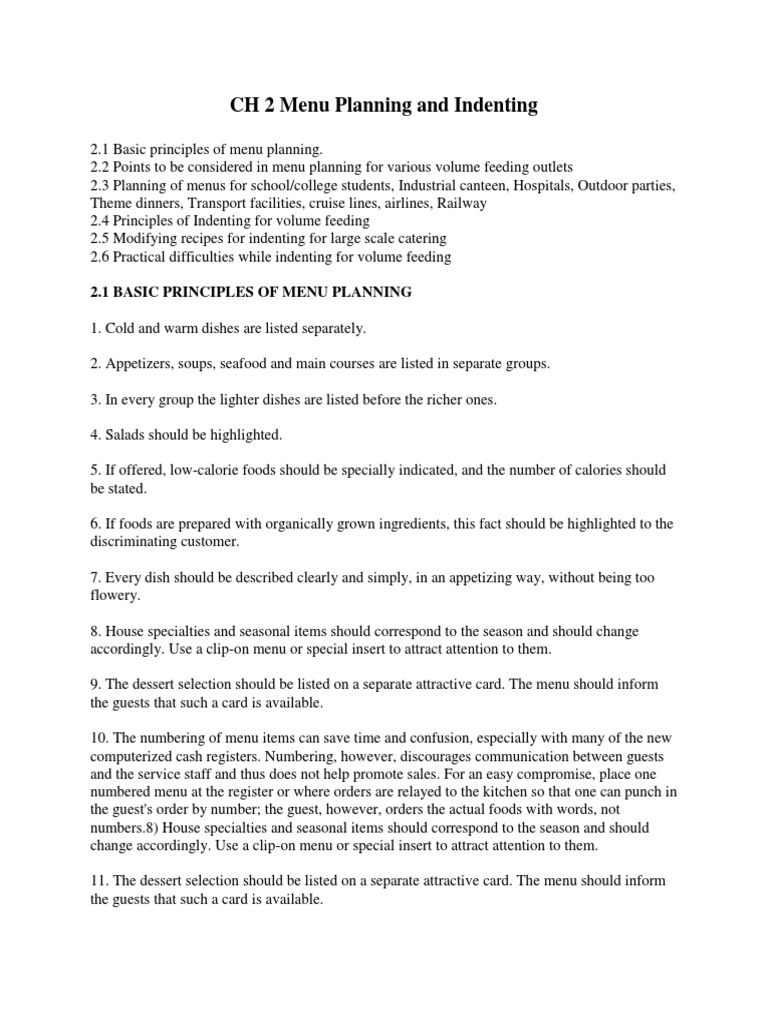 CH-2 Menu Planning & Indenting | PDF | Menu | Restaurants CH-2 Menu Planning & Indenting | PDF | Menu | Restaurants