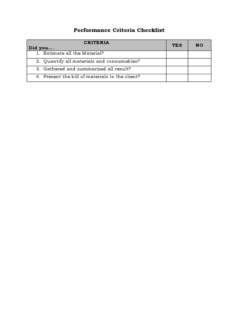 Performance Criteria Checklist 2 | PDF