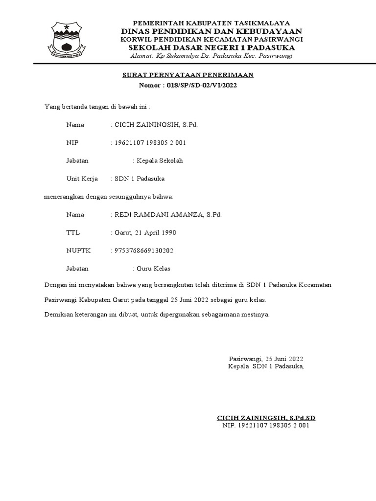 Surat Pernyataan Penerimaan | PDF