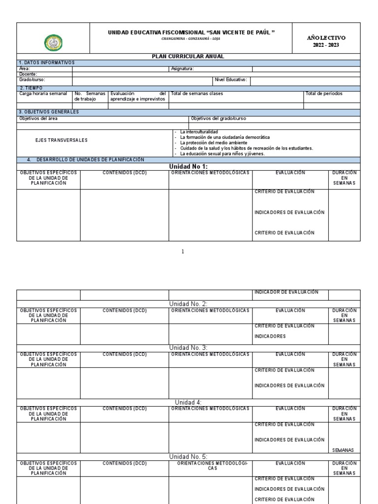 FORMATO PLAN CURRICULAR ANUAL | PDF | Evaluación | Aprendizaje