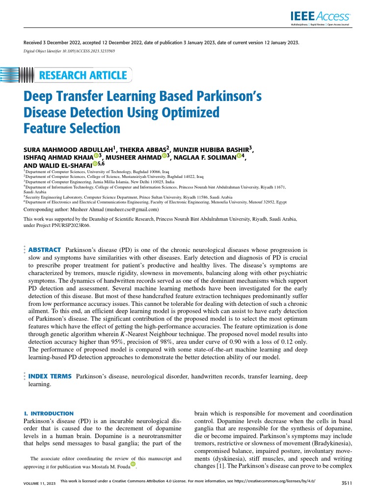 Deep Transfer Learning Based Parkinsons Disease Detection Using Optimized Feature Selection