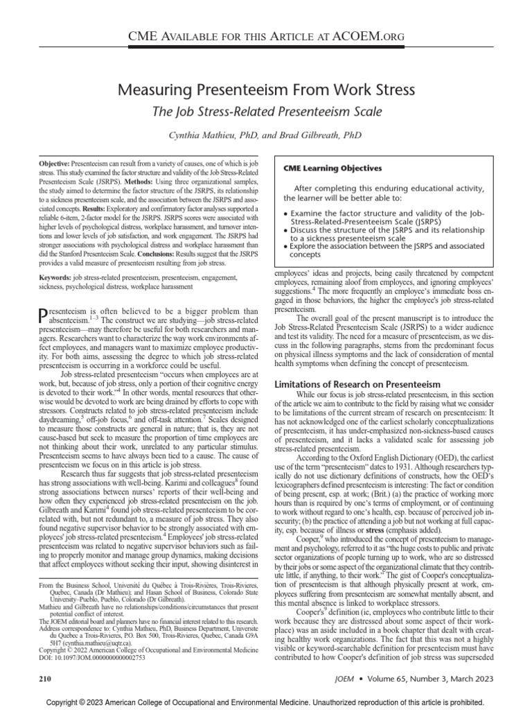 Measuring Presenteeism From Work Stress The Job Stress-Related ...
