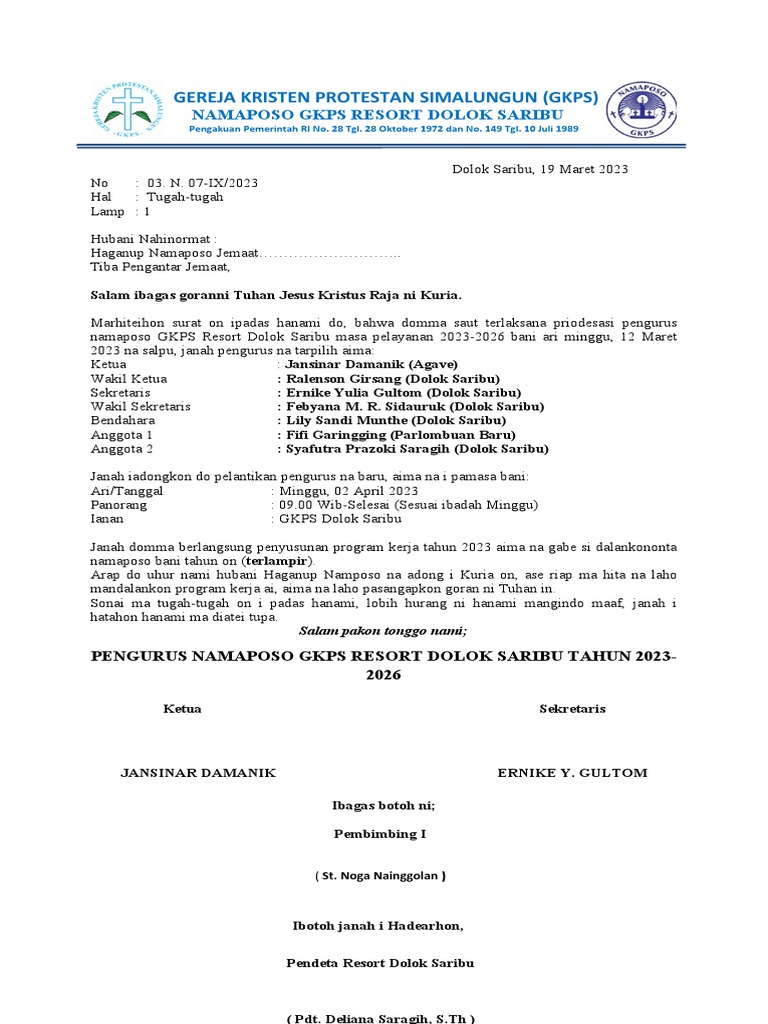 Pengurus GKPS Dolok Saribu 2023-2026 | PDF