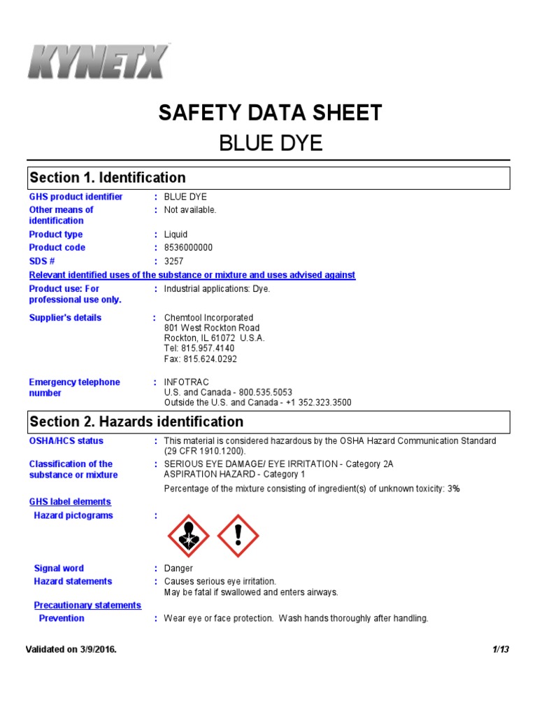 Safety Data Sheet: Blue Dye | PDF | Chemistry | Occupational Safety And ...