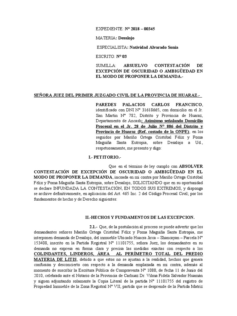 Absuelvo Contestación de Excepción de Oscuridad o Ambigüedad en El Modo ...