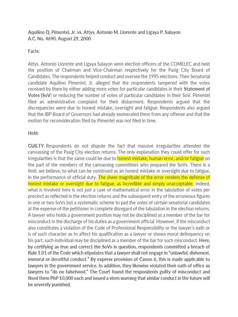 Pimentel, Jr. v. Attys. Llorente and Salayon, A.C. No. 4680 (2000 ...