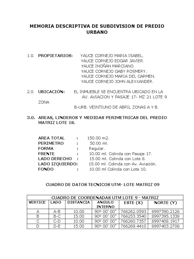 Memoria Descriptiva de Subdivision de Predio Urbano | PDF | Ingeniero ...